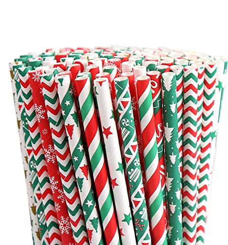 250 Pieces Christmas Paper Straws, 10 Patterns Disposable Mixed Stripe Holiday Paper Straws for Christmas Party Favors