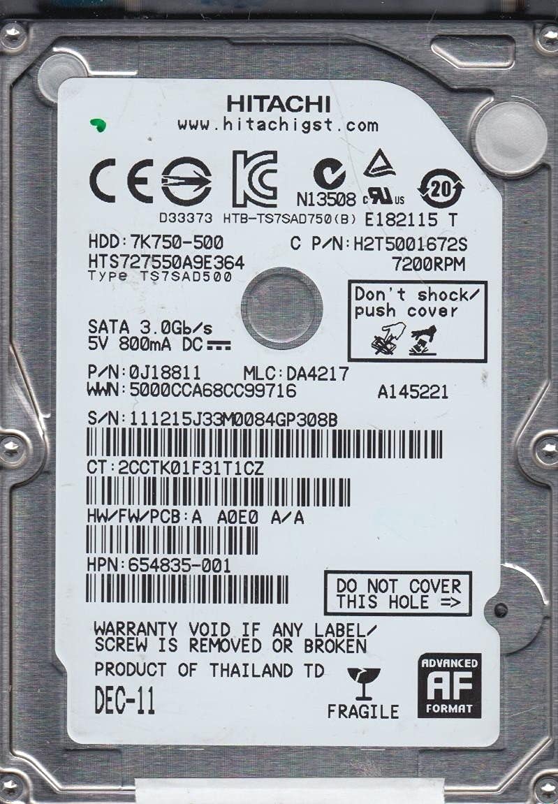 HTS727550A9E364, PN 0J18811, MLC DA4217, Hitachi 500GB SATA 2.5 Hard Drive (Renewed)
