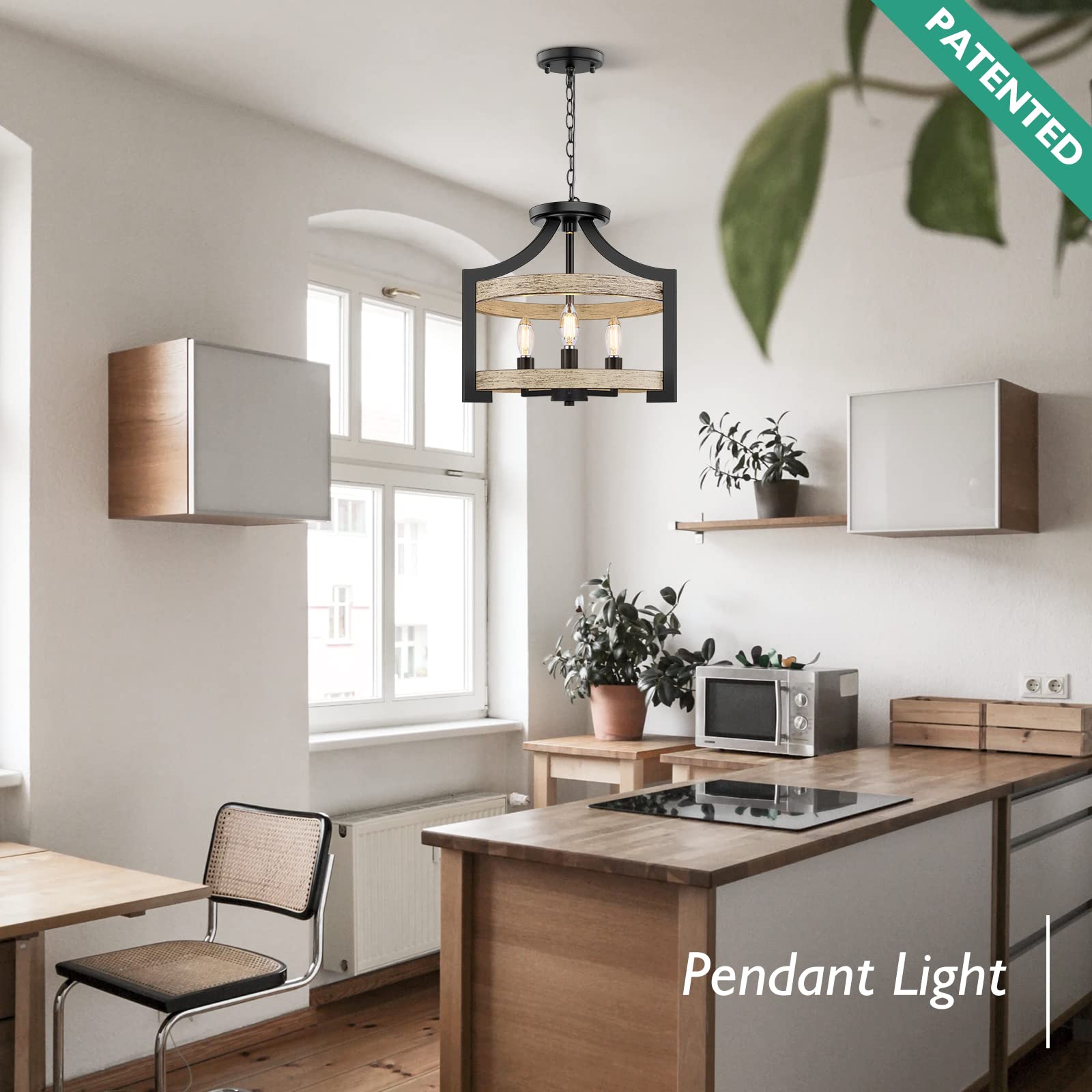 3-Light Rustic Farmhouse Pendant Hanging Light Adjustable Height Max 68in, Convertible Vintage Semi Flush Mount Ceiling Light Fixture Black Metal Chandelier White Birch Wood Finish Kitchen Dining Room