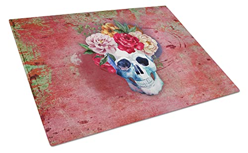 Caroline's Treasures BB5130LCB Day of the Dead Red Flowers Skull Glass Cutting Board Large Decorative Tempered Glass Kitchen Cutting and Serving Board Large Size Chopping Board