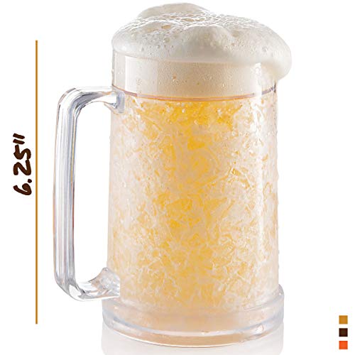 luxail Freezer Beer Mugs, Double Wall, Insulated Gel Plastic Pint Freezable Glasses, 16 oz, Clear 2 pack, Chiller Frosty Cup, Frozen Ice Freezer Mug, Freezer Cups
