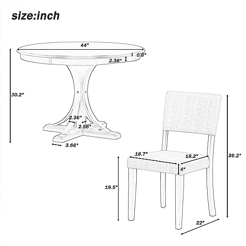 AosBet Dark Grey 5-Piece Retro Round Dining Table Set with Curved Trestle Style Table Legs & 4 Upholstered Chairs - Perfect for Dining Rooms