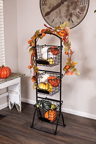 BIRDROCK HOME 3-Tier Wire Market Basket Stand with Chalk Label - Snack Fruit Vegetable Produce Metal Hanging Storage Bin for Kitchen Pantry - Free-Standing or Stacking Organizer - Black
