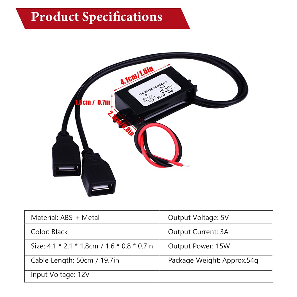 DC Converter 12V to 5V 3A 15W DC Buck Converter Module, DC to DC Reduced Voltage Regulator Car Power Converter Output Power Adapter (Double USB Interface)