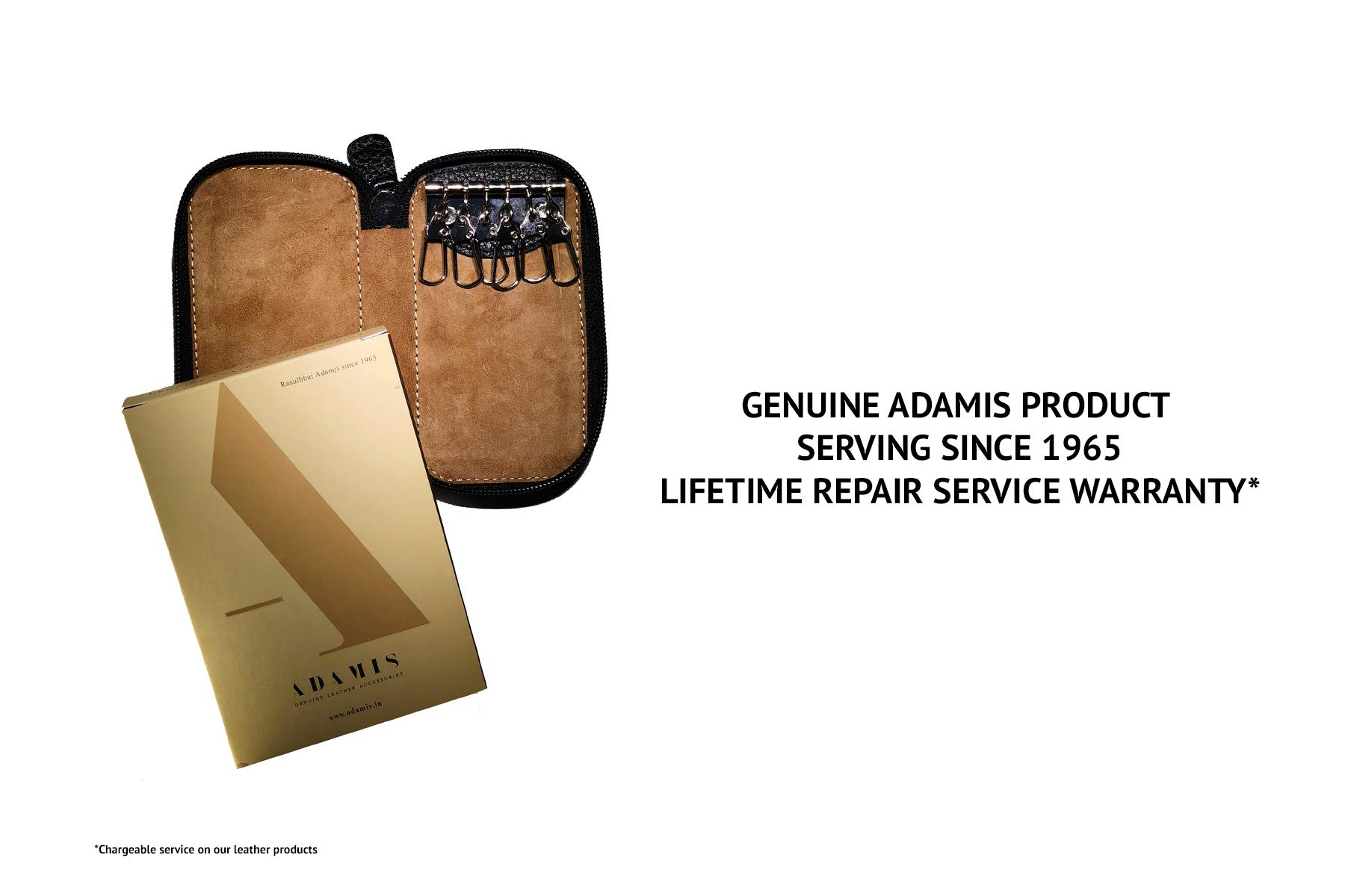 Adamis Full Grain Genuine Leather Keychain Holder Pouch, Key Case, Soft Strong and Compact Organizer and Wallet with Zip Closure for Extra Safety and 6 Key Holder Hooks in Black