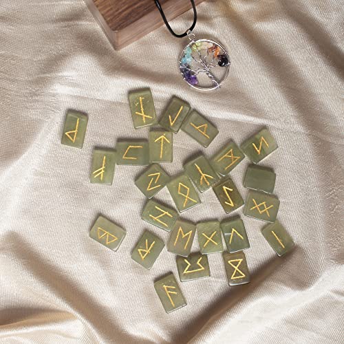 BEZAVO Green Jade Rune Stones with Pendant Silver Ring, 25 pcs Rune Stone with Engraved Elder Futhark Chakra Runes Crystal Set, Viking, Divine Meditation Witchcraft Reiki Supplies Gift for Home Decor
