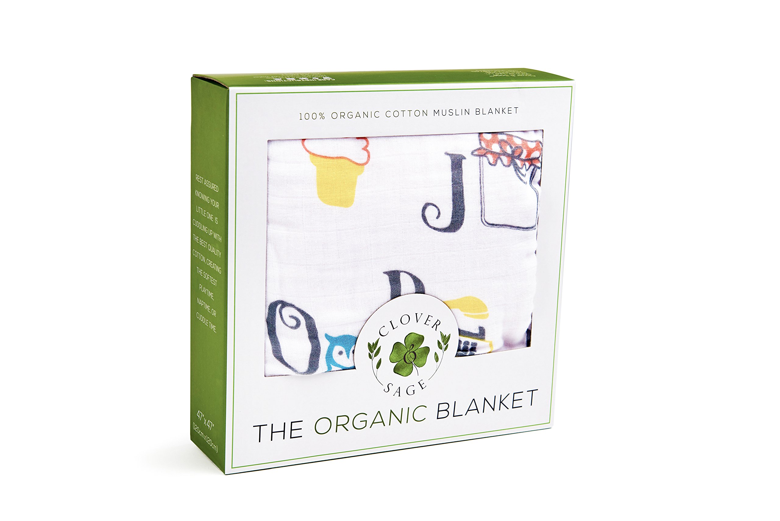 Clover & Sage Organic Muslin Baby Toddler Blanket - 100% Hypoallergenic Cotton Bed Blankets - Alphabet