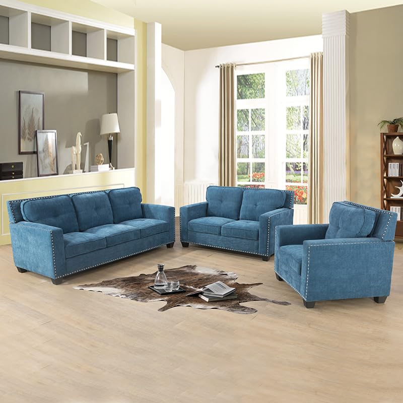 3-Piece Sectional Sofa Sets for Living Room Furniture, Modern Style Button Linen Couches with Tufted Cushions Including Chair Loveseat for Small Space Apartment Office