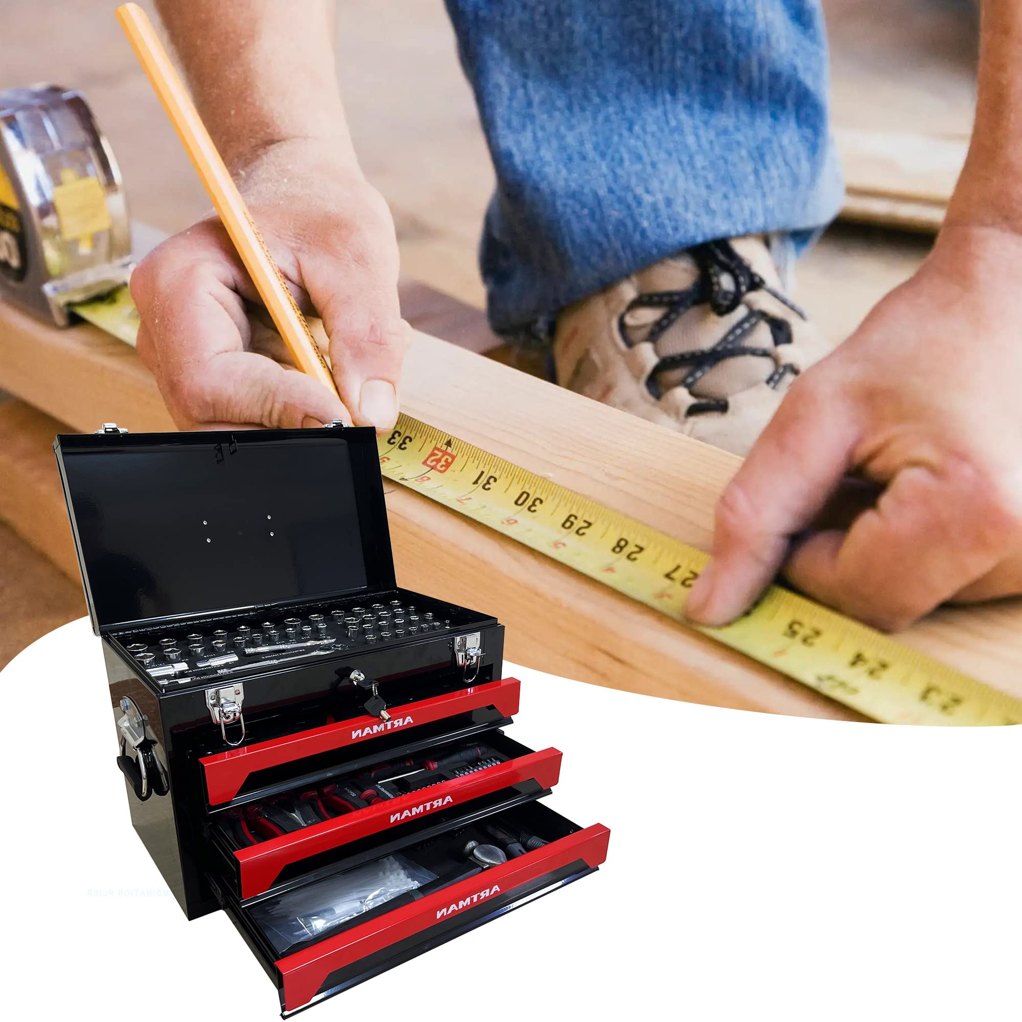 3 Drawer Tool Box with Tool Set - 439 Pieces, Heavy Duty Metal Box with 3 Drawers, Repair Tool Kit for Workshop Maintenance and Repair Items
