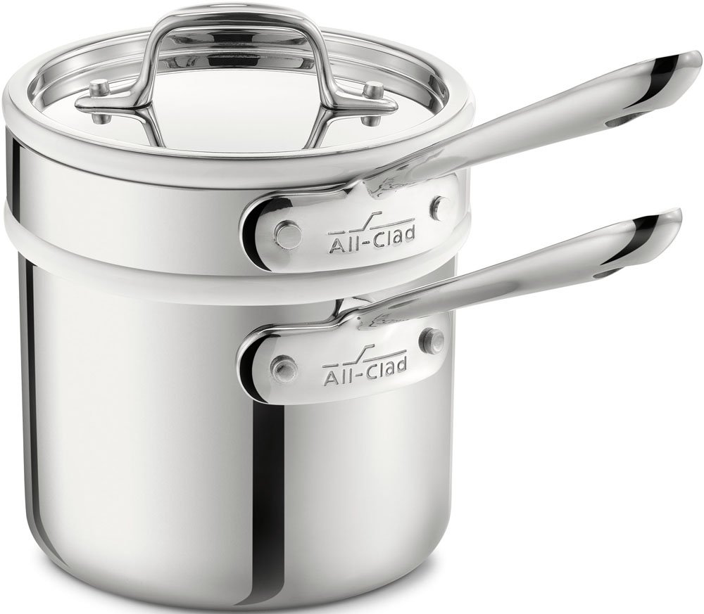 All-Clad 42025 Stainless Steel 3-Ply Bonded Dishwasher Safe Sauce Pan with Porcelain Double Boiler and Cookware Lid, 2-Quart, Silver - 8400000266
