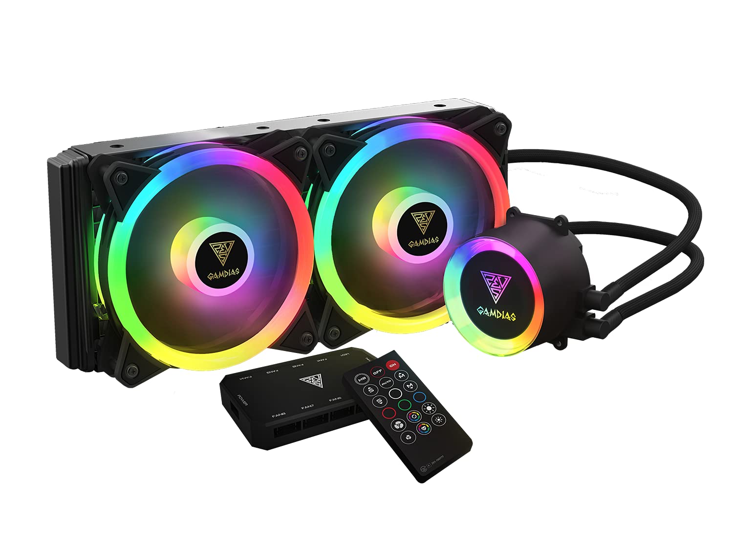 Gamdias CPU Liquid Cooler 240mm RGB for Gaming PC, Computers with 2 PWM Dual Ring RGB Fans, AIO Lighting Cooling Kit, All-in-One CPU Water Cooler with Radiator, Remote and Hub