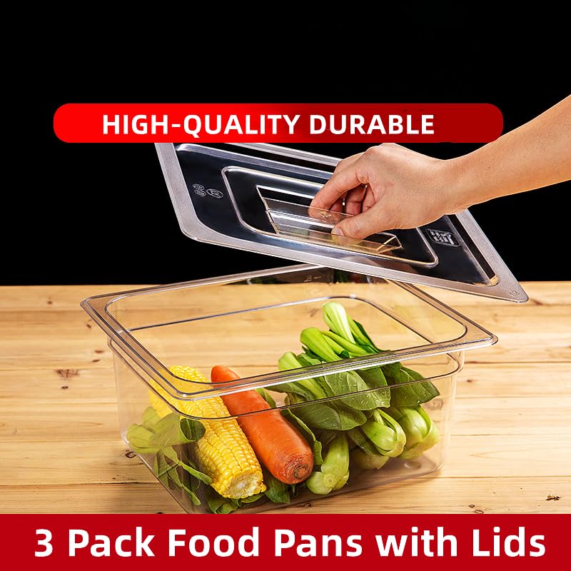 3 Pack Plastic Food Pans with Lids, 1/2 Size 4'' Deep,Polycarbonate, Clear,Food Pan Polycarbonate Square Food Storage Containers with Lids for Kitchen Restaurant Food Prep (3-1/2) (3-1/2)