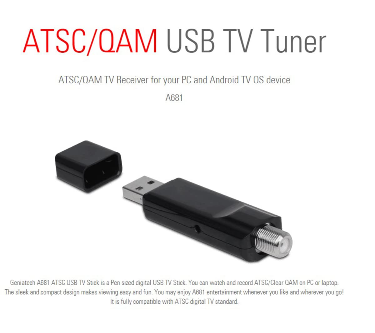 Mygica A681B USB 2.0 TV Tuner Card, ATSC HD Digital External HDTV Tuner Stick Dongle Adapter for Window, Linux, for PC Computer Laptop