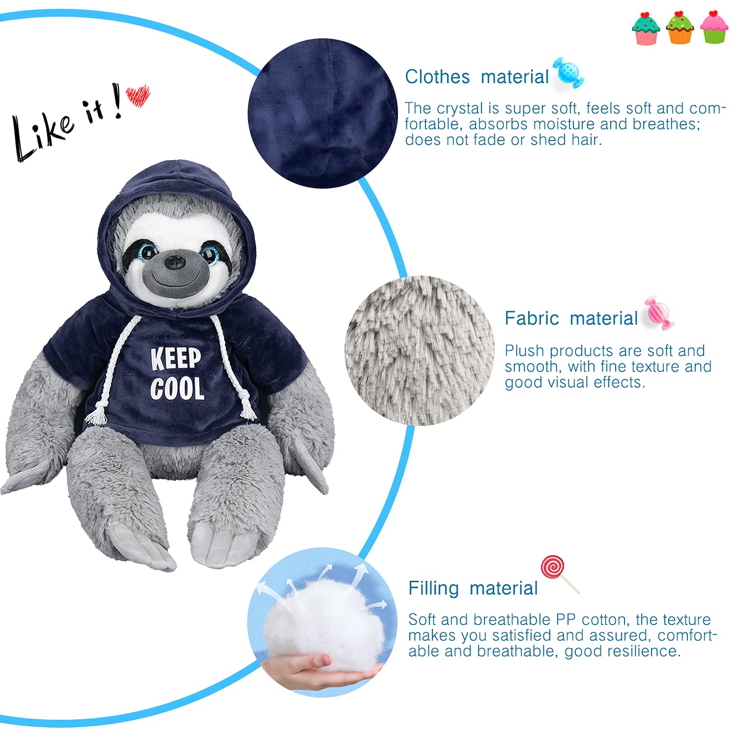 AKMRWJWC Sloth Stuffed Animals Soft Three-Toed Removable Pink T-Shirt Hanging Plush Sloth Hands That Connect Plush Toys 12 Inches