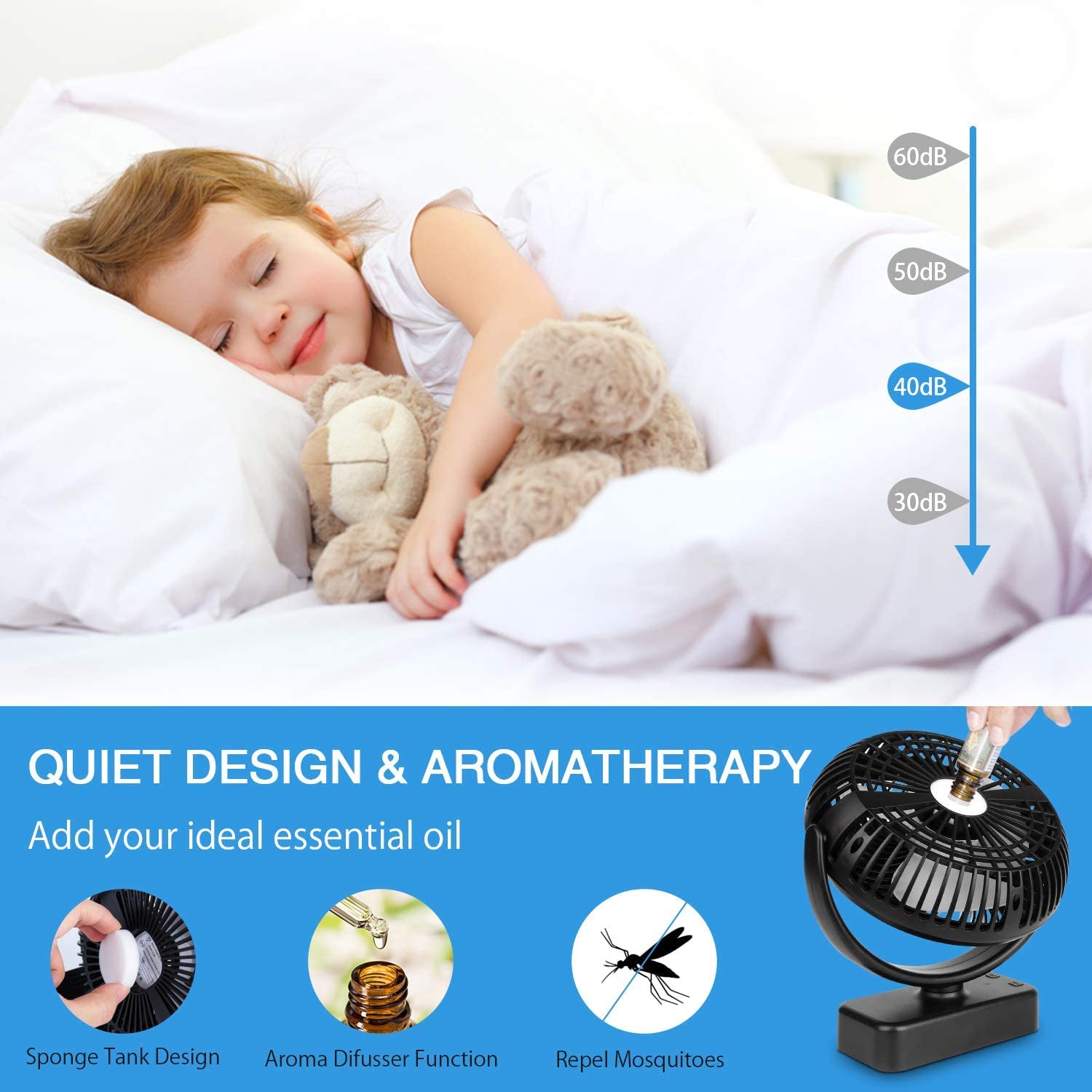 AJOYEUX Camping Fan Rechargeable 5000mAh Tent Fan with LED Lantern 7-Inch Battery Operated USB Fan Powerful for Camping Home Office RV