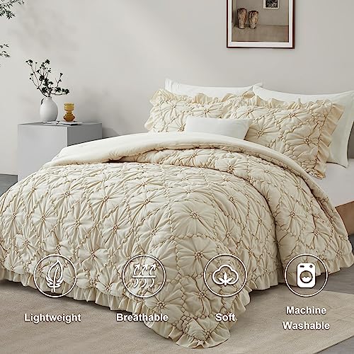 BEDAZZLED Comforter Set King Size, Pinch Pleat Exquisite Bedding, Bed in a Bag with Ruffled Shams All-Season Down-Alternative, Beige(102"*88")