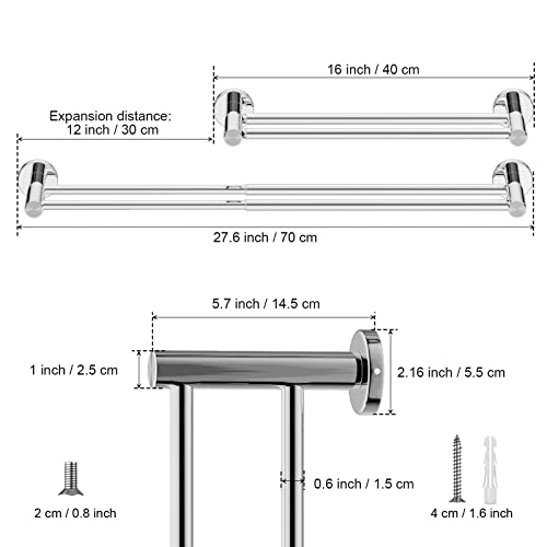 Adjustable 16 to 27.6 Inch Double Bath Towel Bar, ZUEXT Chrome Finished Stainless Steel Towel Holder Hanger, Wall Mount Expandable Hand Towel Rod for Bathroom Kitchen, 1" Tube Towel Rail Rack w/Hooks
