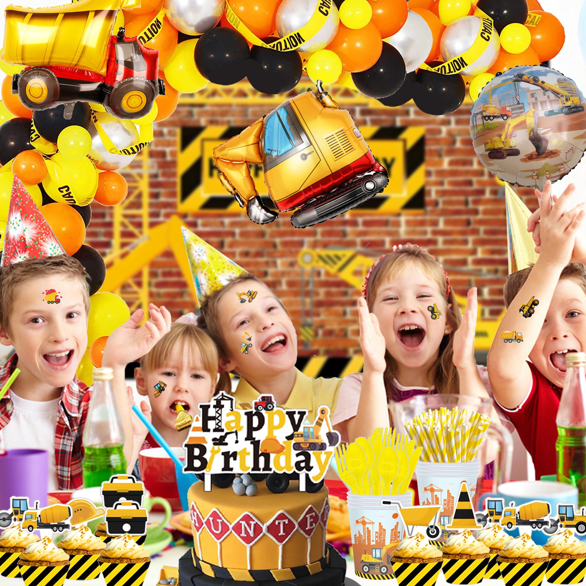 258 Pcs Construction Birthday Party Supplies, Construction Birthday Party Decorations, Includes Banner, Cake & Cupcake Topper, Backdrop, Balloons, Tableware and Stickers for Kids Birthday Party