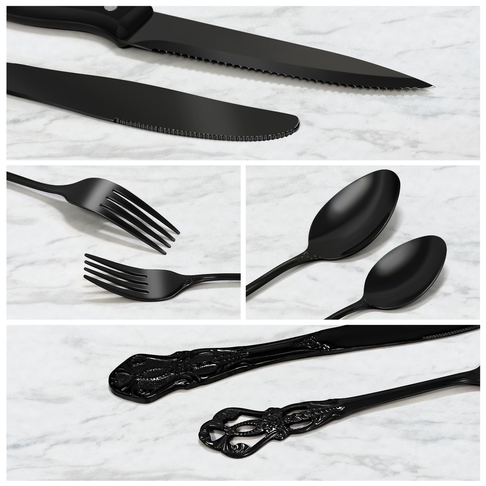 24 Pieces Black Silverware Set for 4, Stainless Steel Flatware Set Serving include Spoon Forks Knives, Kitchen Utensils Set, Tableware Cutlery Set with Steak Knives For Home Kitchen Restaurant Hotel