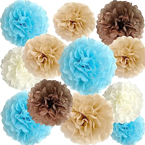 ANSOMO Blue and Tan Brown Tissue Paper Pom Poms Party Decorations Flowers Wall Hanging Bear Baby Shower Boy Khaki DƩcor 1st Birthday Supplies 12Pcs