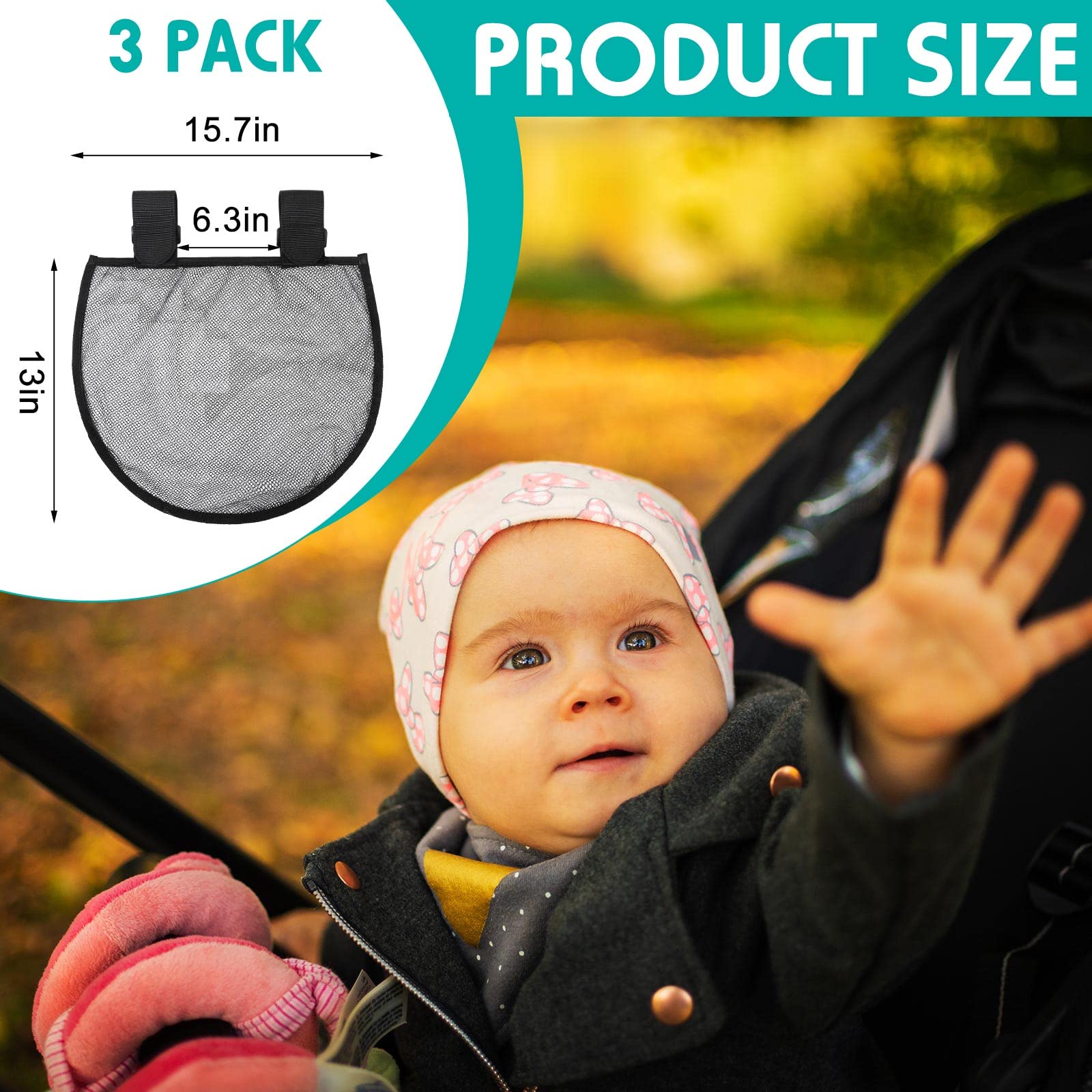 3 Pack Stroller Storage Side Sling Cargo Net Universal Baby Stroller Organizers Mesh Stroller Storage Stroller Accessories with Non Slip Adjustable Hook and Loop Straps for Bottle Milk Powder Diaper