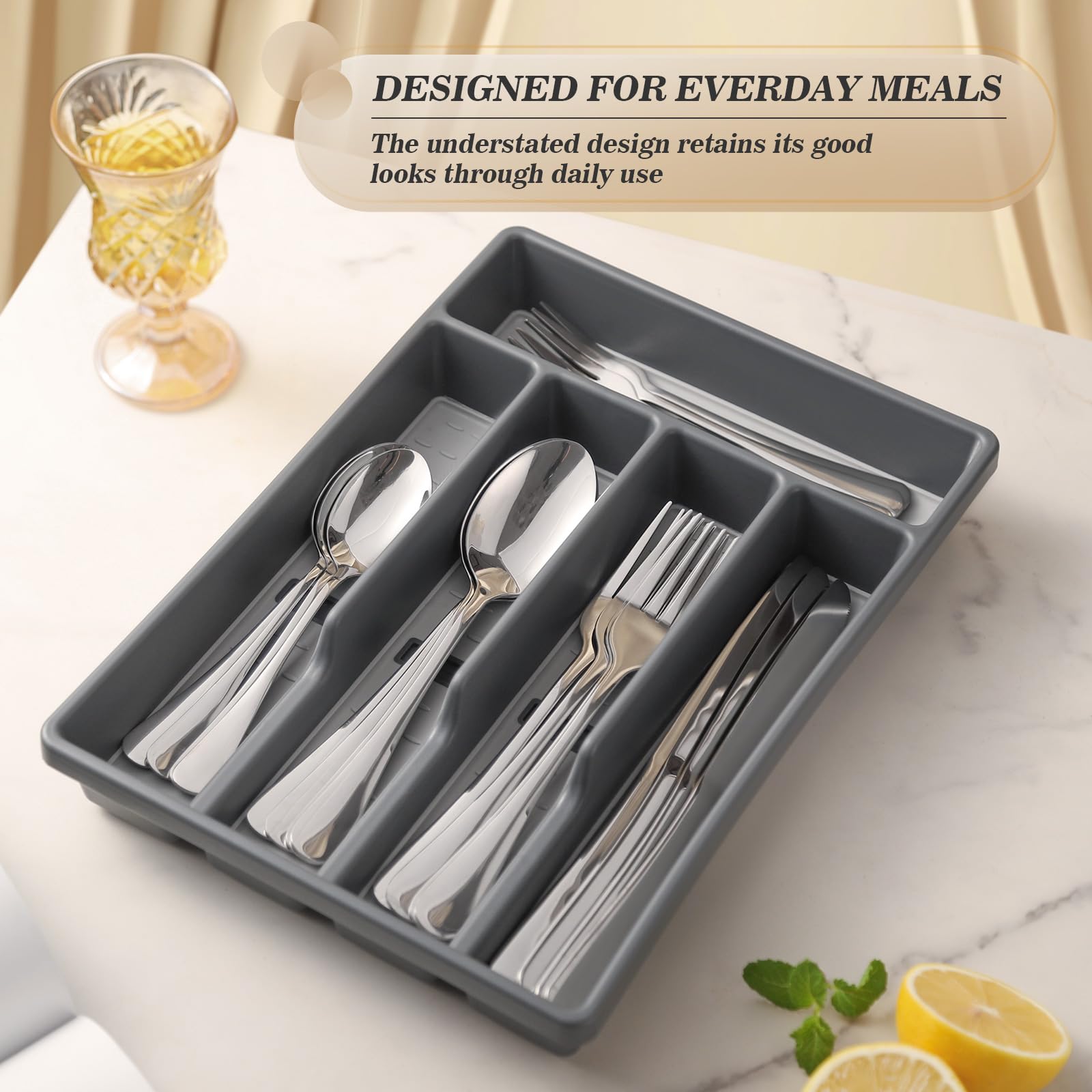 20-Piece Silverware Set with Organizer,Heavy Duty Stainless Steel Flatware Cutlery Tableware Set for 4,Includes 5-Compartment Silverware Tray with Cutlery Icons,First Apartment Kitchen Essentials