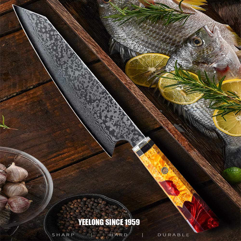 I.B.O Damascus steel kitchen knife 8 inch Japanese chef kitchen knife stabilized wood resin cured wood octagonal handle