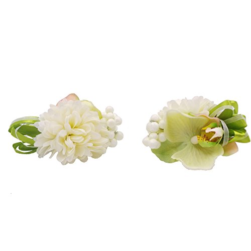 Ansuma Flower Wrist Corsage Wristlet Band Bracelet and Men Boutonniere Brooch Set for Wedding Flowers Accessories Prom Suit Decoration (X005WT)