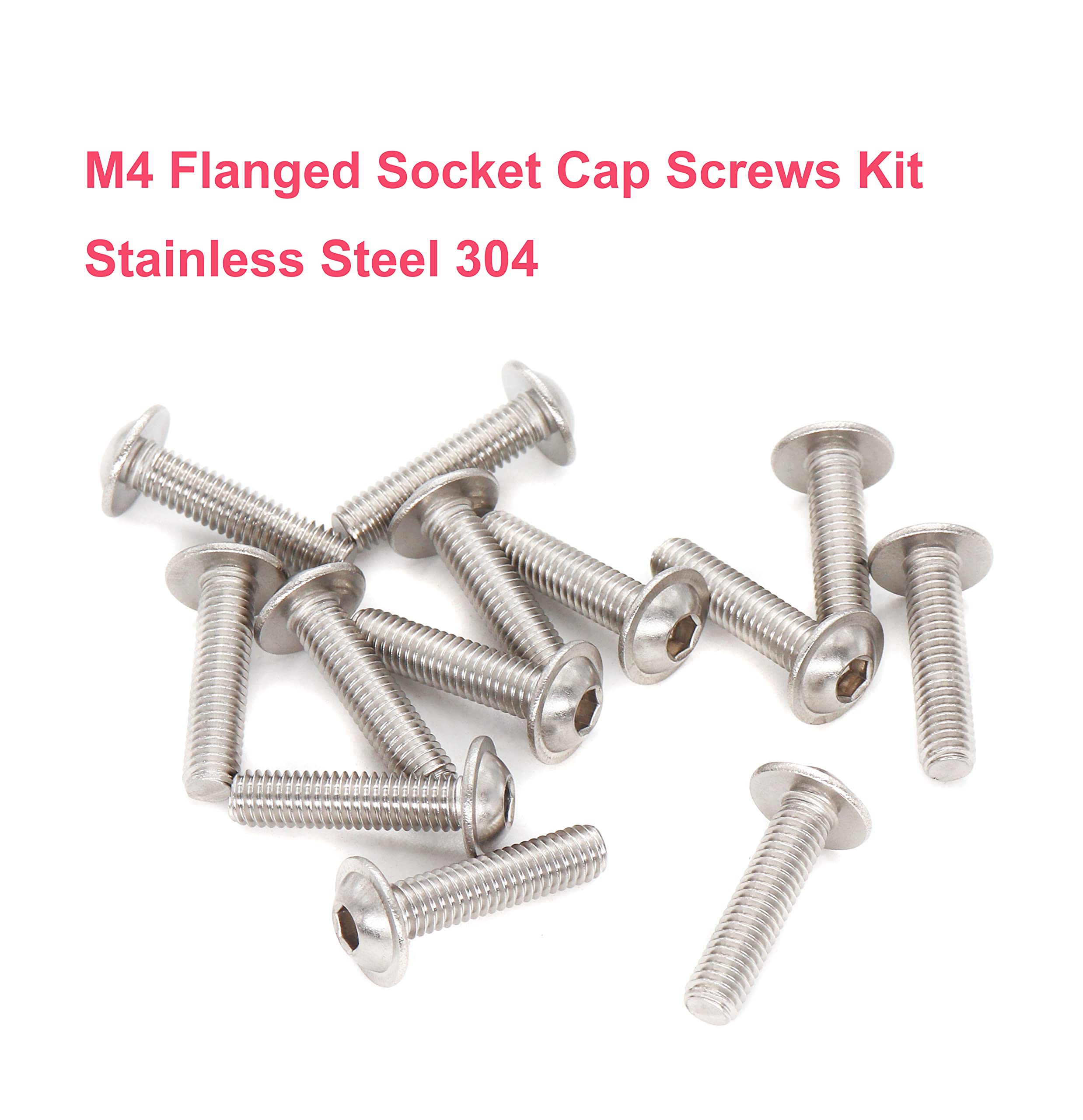 cSeao 100pcs Flanged Button Head Socket Cap M4 Screws Kit, M4x8mm/ 10mm/ 12mm/ 15mm/ 20mm, 304 Stainless Steel 18-8, Allen Socket Drive, Bright Finish, Fully Machine Threaded