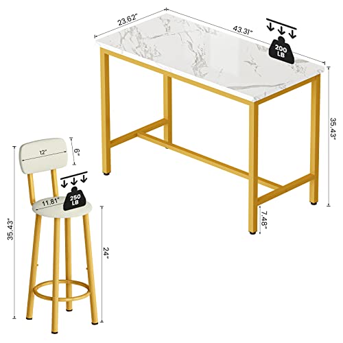 AWQM Faux Marble Dining Table with 4 PU Upholstered Chairs, 5-Piece Breakfast Table Bar Table and Backrest Chairs with Footrest, Kitchen & Dining Room Set for 4, Space Saving Furniture (White & Gold)