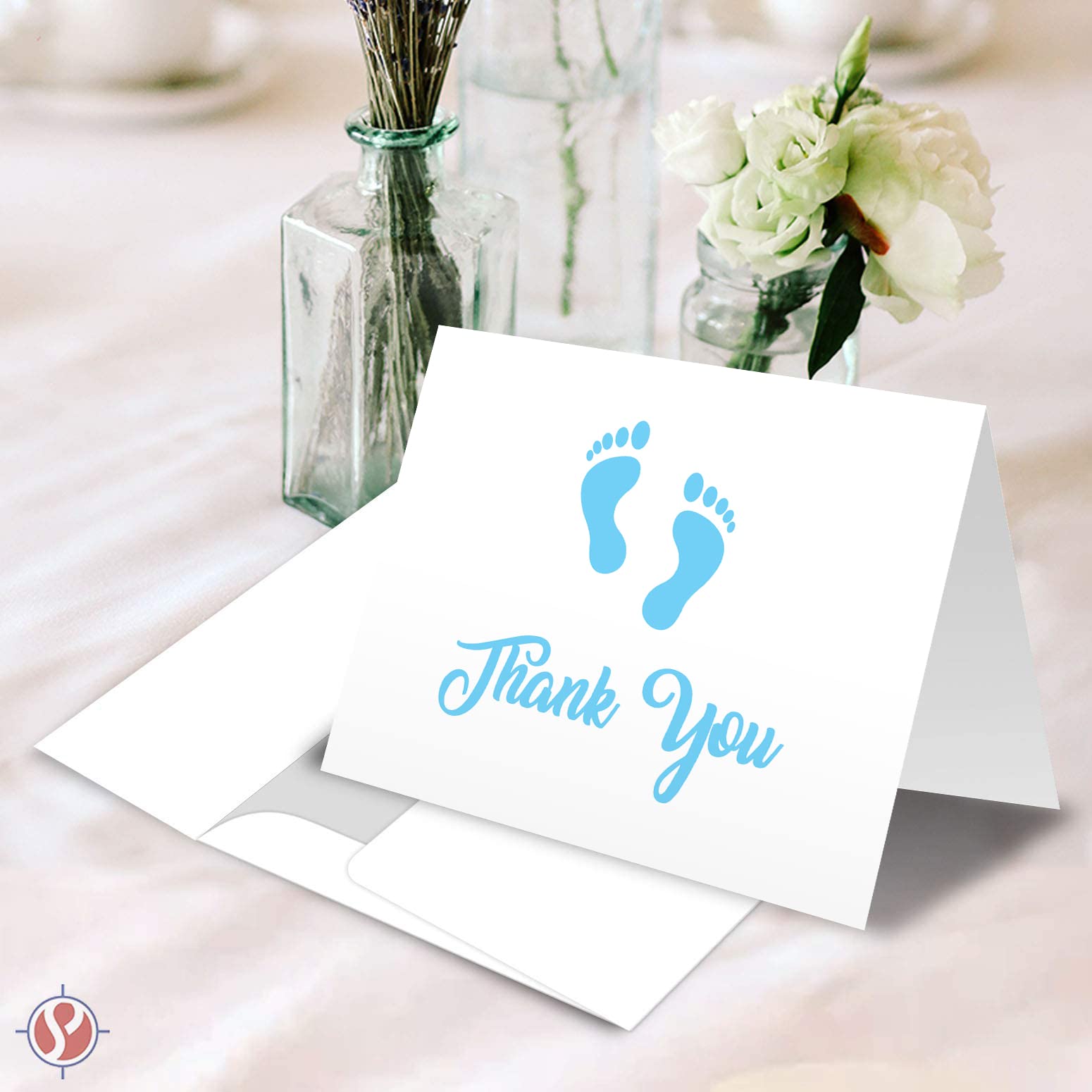 Baby Boy Blue Footprint Thank You Greeting Cards, Baby Shower, Birthdays, Invitation Congratulations Celebration Celebratory Appreciation Cards – 25 per Pack, Envelopes Included – 4.25" x 5.5"