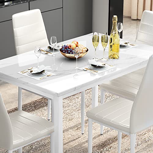 AWQM White Dining Table Set for 4,Faux Marble Kitchen Table and Chairs for 4 with Upholstered Leather Chairs,Dining Room Table Set for Kitchen,Small Spaces,Breakfast Nook,White+Beige