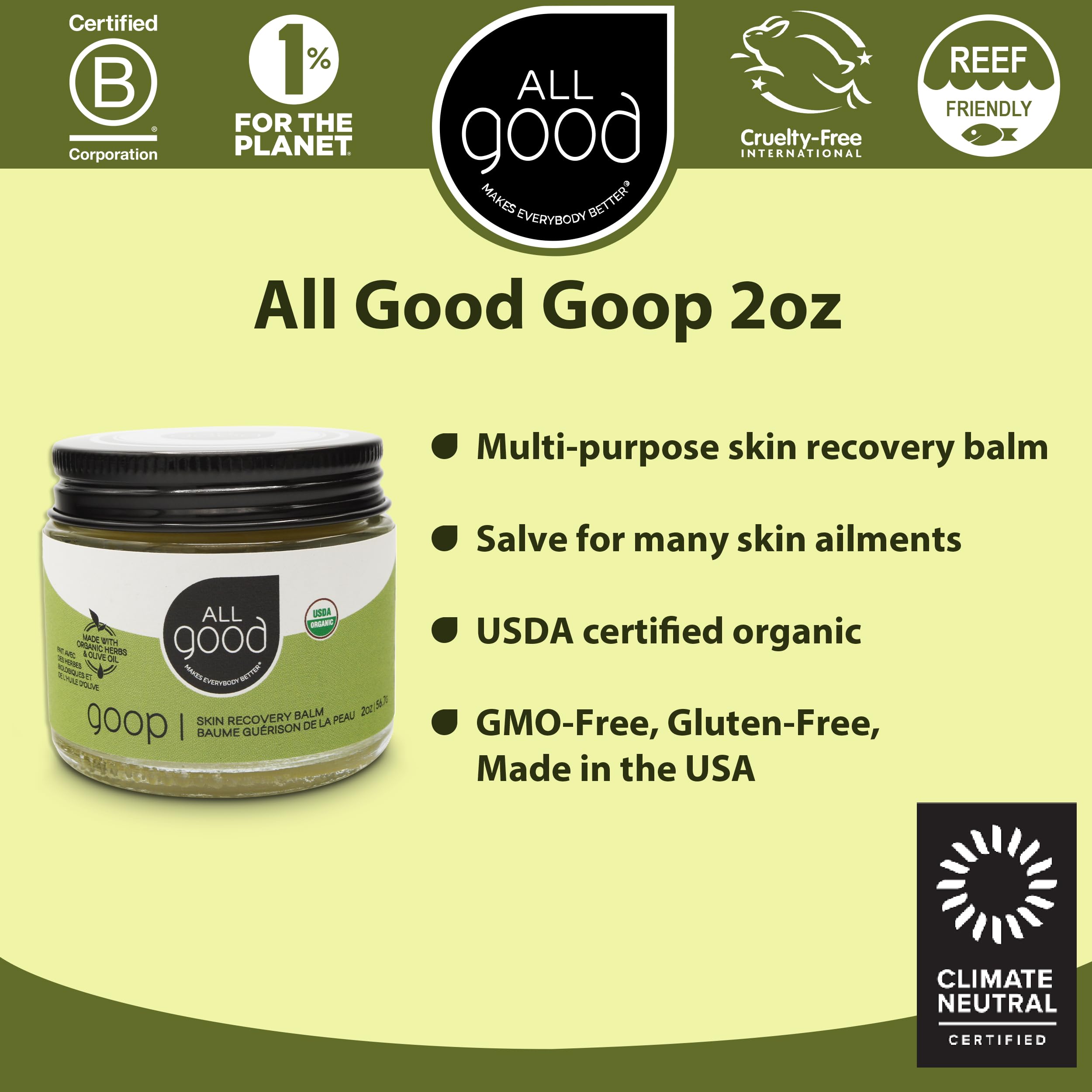 All Good Goop Organic Skin Care Recovery Balm - All Purpose Ointment w/Calendula, Lavender, Beeswax - Chafing Cream, Dry Skin Salve, Cracking Lip Moisturizer - Soothes, Hydrates & Calms - 2oz