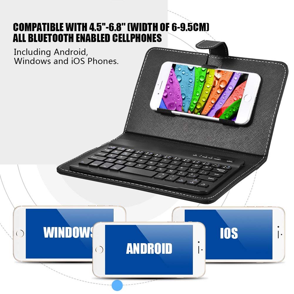 ELIATER Portable Bluetooth Keyboard with Leather Case Cover with for 4.5''-6.8'' iOS, Android and Windows Smart Phones, Detachable with Kickstand
