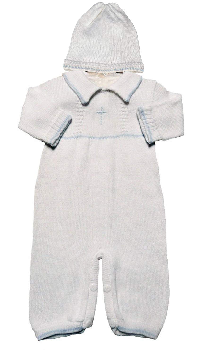 Boy's White Cotton Knit Christening Baptism Longall w/Blue Cross and Hat 3 Mo