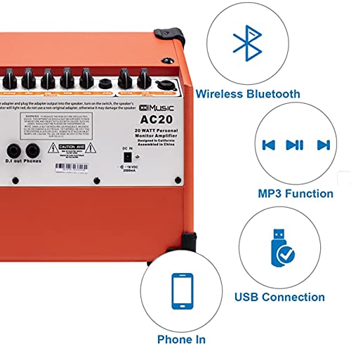 Acoustic Guitar Amplifier, 20 Watt Bluetooth Amp for Guitar Acoustic with Reverb Chorus Effect, 3 Band EQ（Including Microphone and Audio Cable）