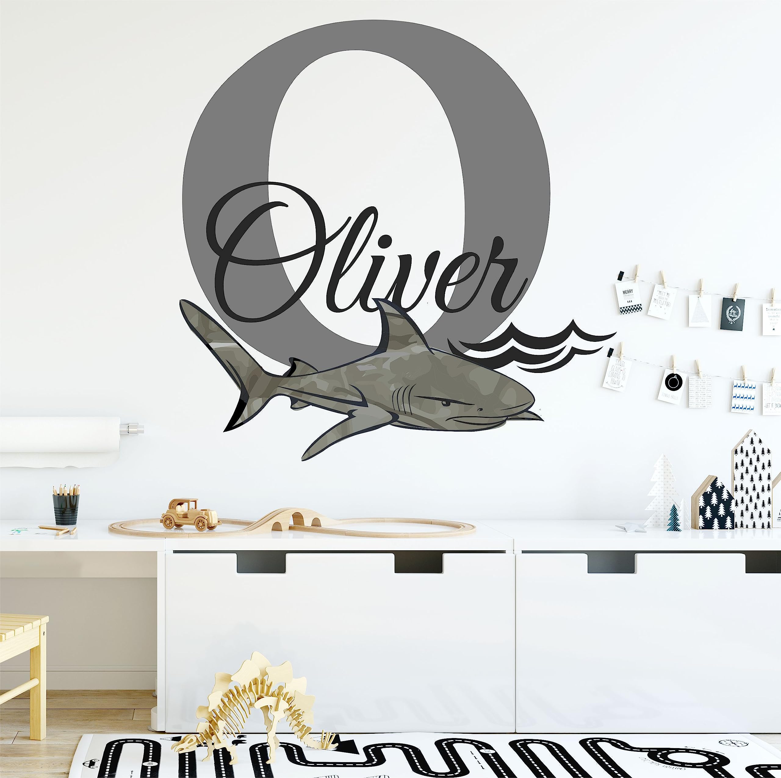 Boys Nursery Baby Shark Beach Sea Theme Personalized Custom Name and Initial Decal Vinyl Wall Decal Wall Decor Wall Sticker (Medium)