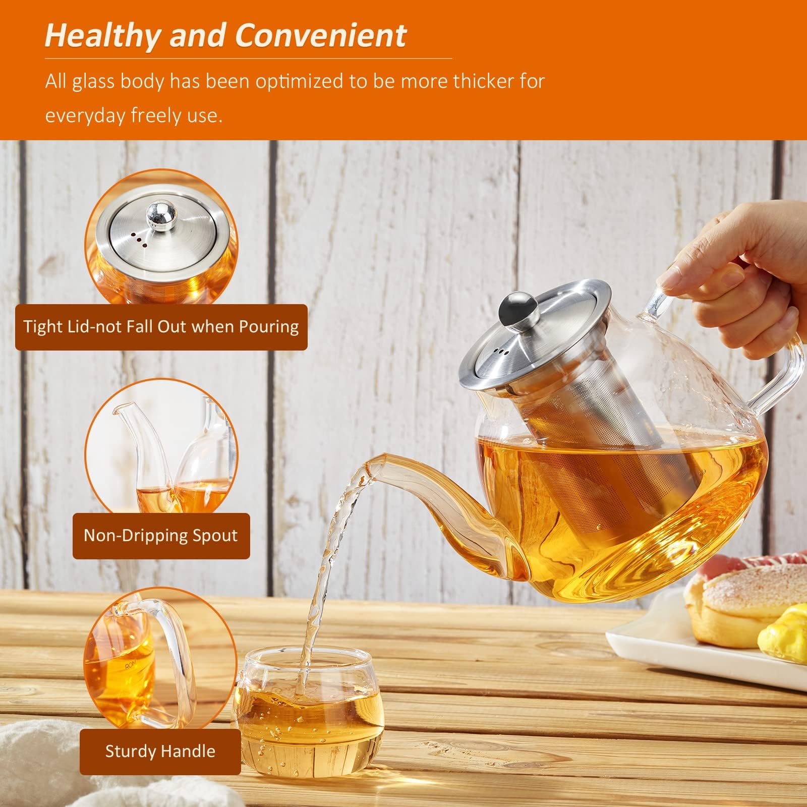 42oz/1250ml Glass Tea Kettle,Glass Teapot with Removable Stainless Steel Infuser, for Blooming and Loose Leaf Tea, Stovetop & Microwave Safe Tea Pot, Tea Maker's Choice