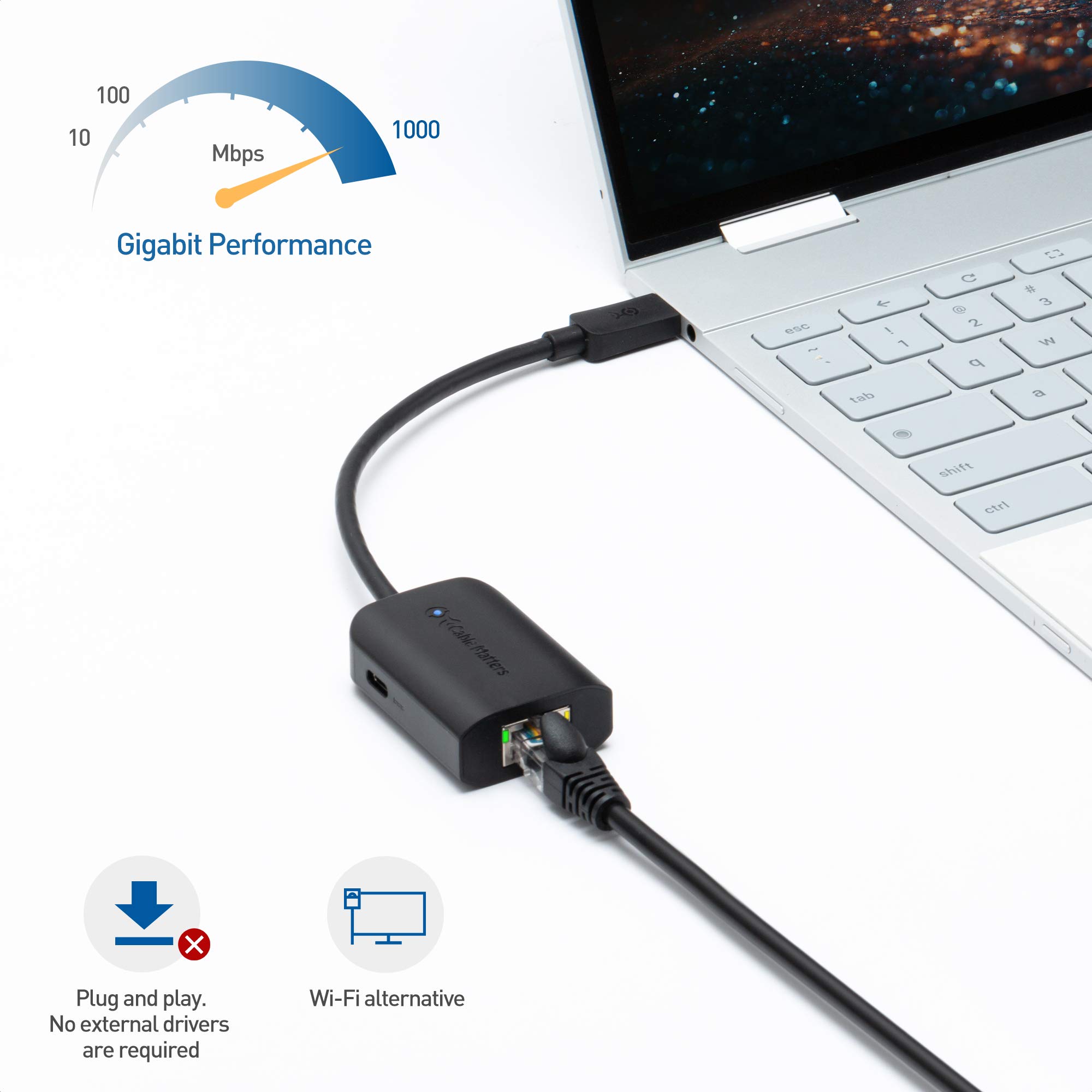 Cable Matters USB C to Gigabit Ethernet Adapter with 100W Charging Compatible with MacBook Pro, Dell XPS, Surface Pro - Up to 480Mbps for Chromecast with Google TV (Google TV Chromecast 2020 Version)