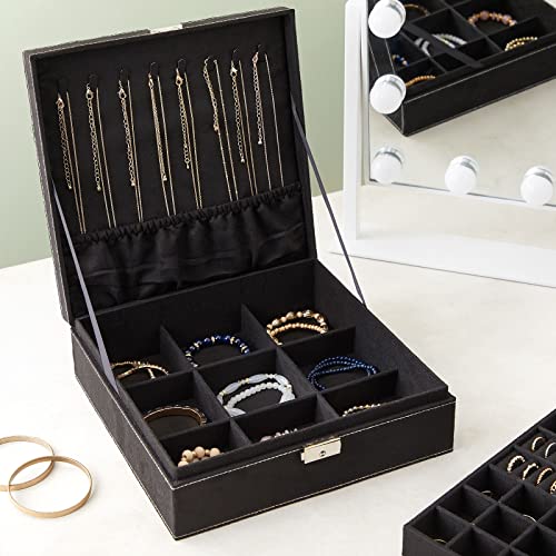 Black Jewelry Box with Lock and Key, 2 Layer Travel Display Case and Storage Organizer with Removable Tray for Earrings, Men, Girls, and Women (10.5x10.5x3.5 in)