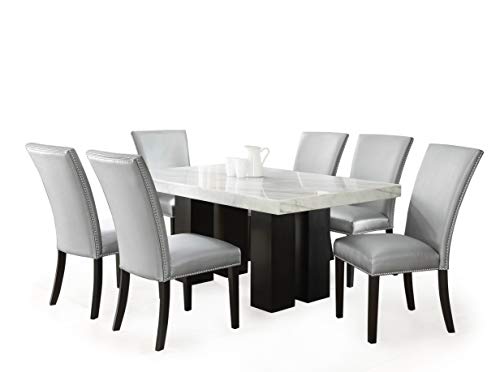Camila Marble Top Rectanglular 7 Piece Dining Set in Silver