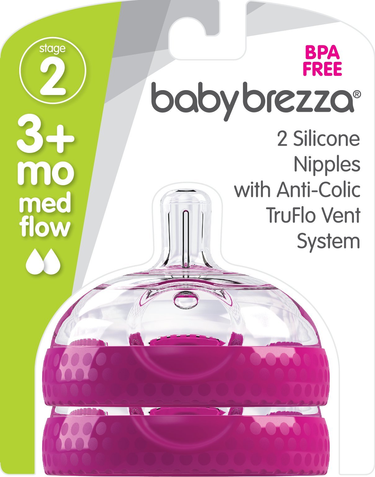 Baby Brezza Baby Bottle Replacement Parts - 2 Pack of BPA Free Replacement Tops - Medium Flow Nipple - Pink