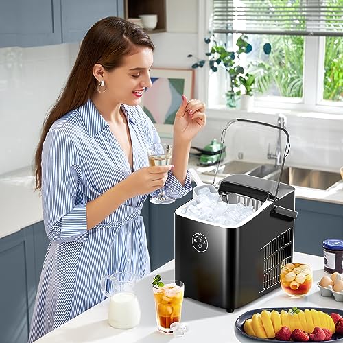 AGLUCKY Ice Makers Countertop, Portable Ice Maker Machine 26lbs/24Hrs,8 Bullet Ice Cubes of 2 Sizes Ready in 9 Mins,Self-Cleaning Ice Machine with Handle for Home/Kitchen/Office