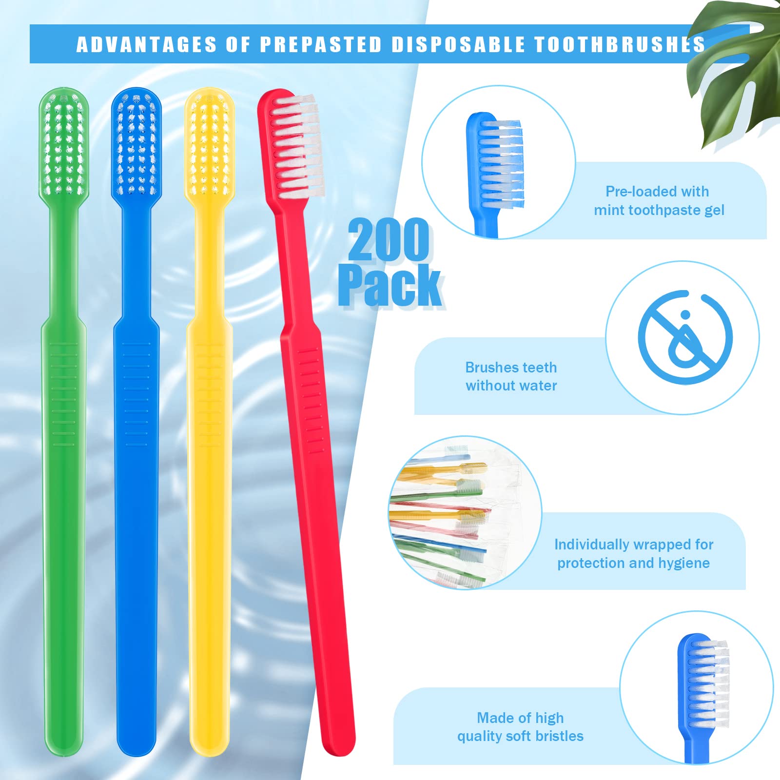 200 Pack Prepasted Disposable Toothbrushes Individually Wrapped Soft Bristle Travel Tooth Brush Single Use Wrapped for Hotel, Camping, Travel, No Water Needed, 4 Colors