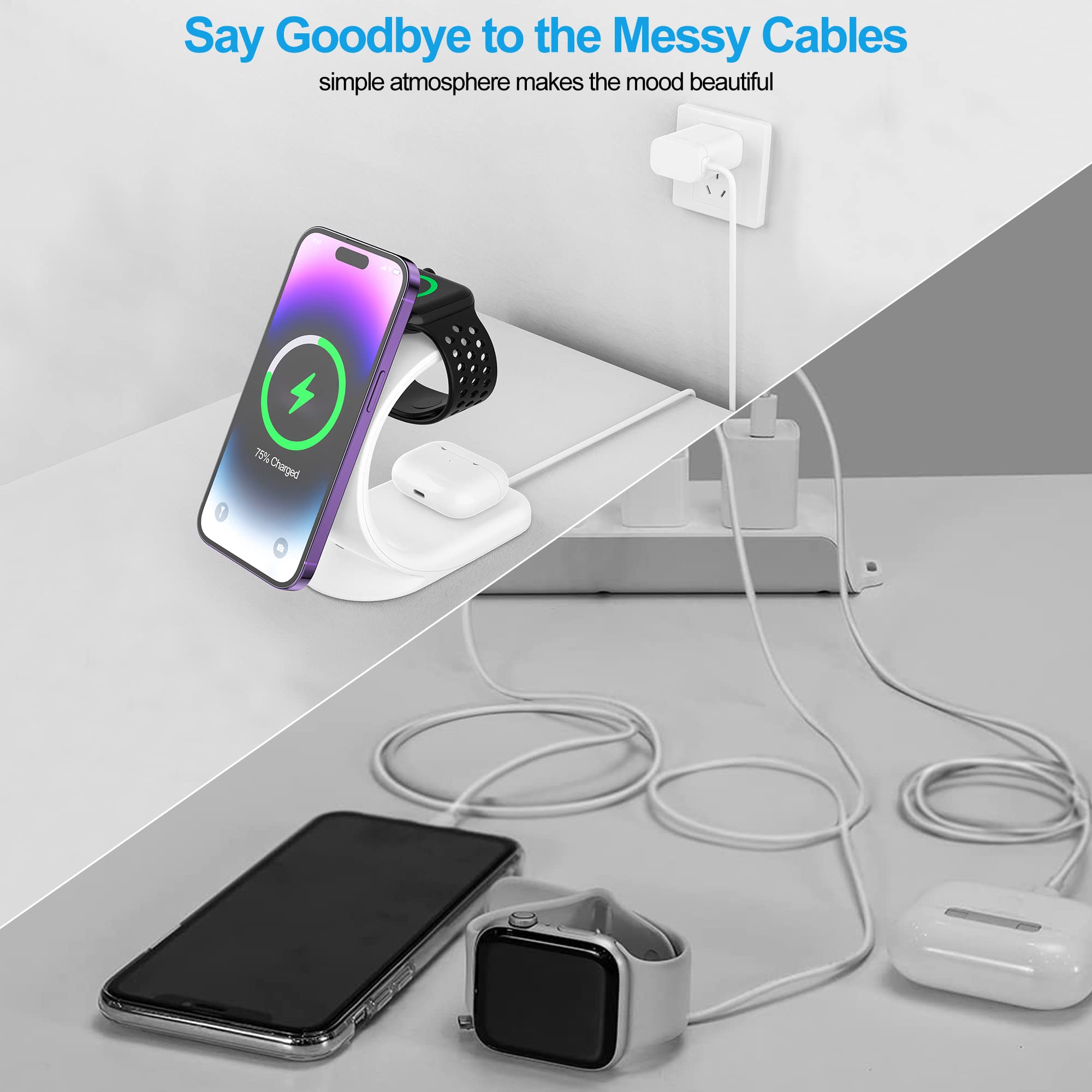 3 in 1 Wireless Apple Charging Station Magnetic Fast Charger Stand Dock Multiple Devices for iPhone 14/Pro/Max/Plus/13/12,Watch Series 8/7/6/SE/5/4,AirPods 3/2/Pro(Adapter Included)