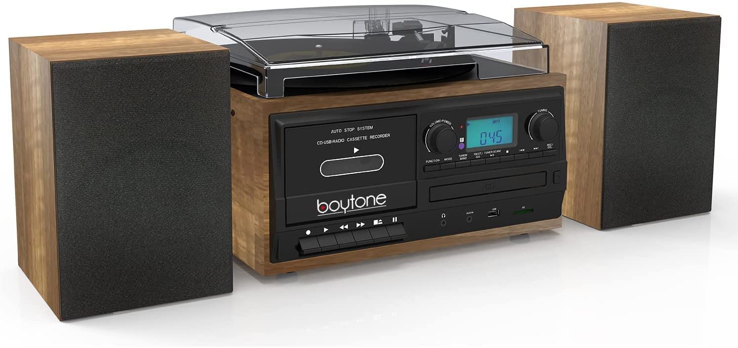Boytone BT-58W Bluetooth Record Player Turntable with CD Player, Convert LP Vinyl, CD to MP3 Player, Cassette, AM/FM Radio, USB/SD Encoding, Remote Control, Audio Music Player Built in Amplifier