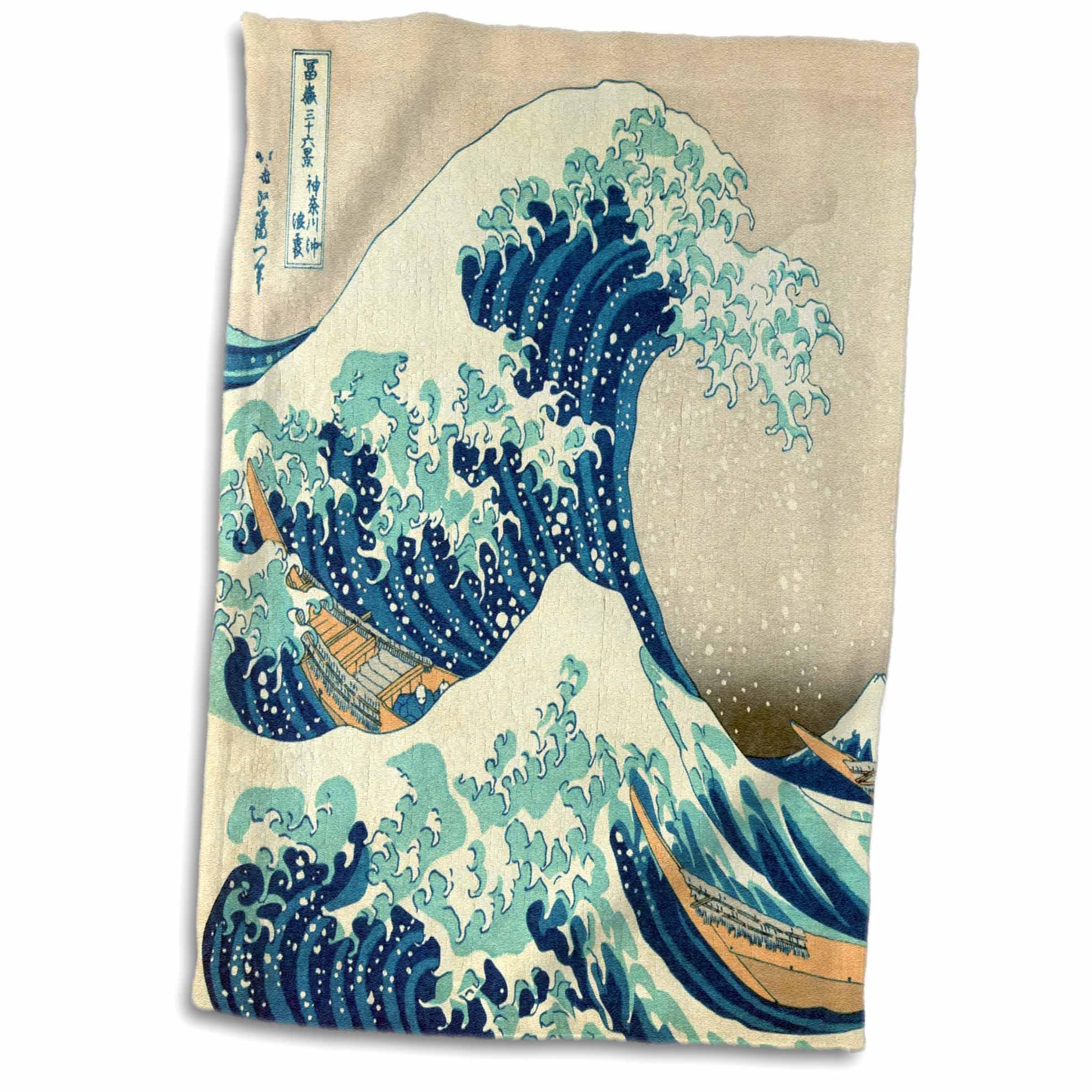 3D Rose The Wave Off Kanagawa by Japanese Artist Hokusai-Dramatic Blue Sea Ocean Ukiyo-E Print 1830" Towel, 15" x 22", Multicolor