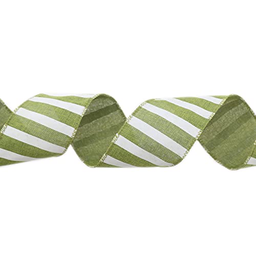 DINDOSAL Sage Green Wired Ribbon 2.5" Horizontal White Stripe Wired Edge Burlap Ribbon Farmhouse Wire Ribbon for Wreaths Crafts Supplies Gift Wrapping Bows Making Spring Decorations - 10 Yards
