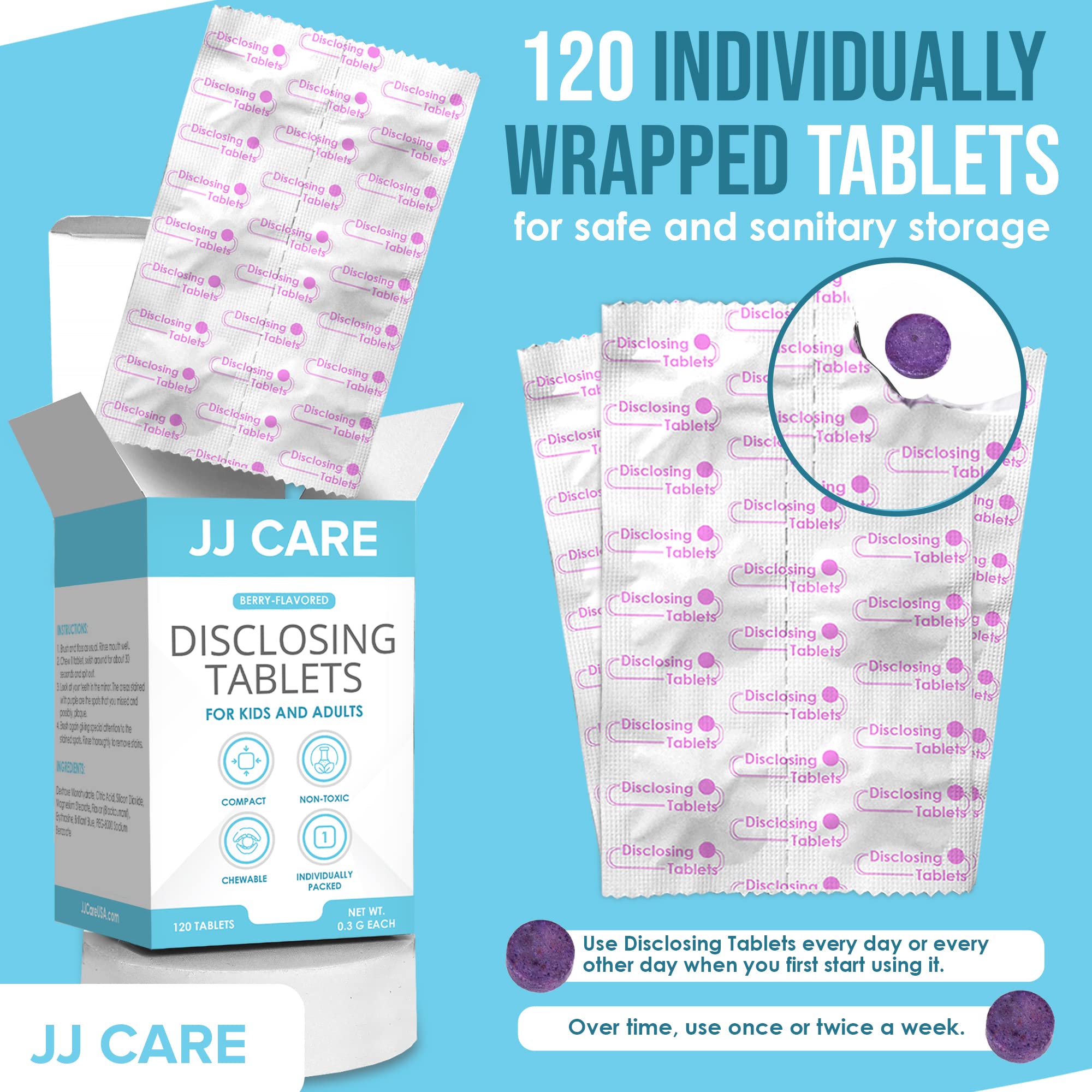 JJ Care Disclosing Tablets - 120 Count of Teeth Coloring Plaque Disclosing Tablets, Berry Flavored Dental Disclosing Tablets for Kids and Adults, Individually Wrapped Plaque Tablets