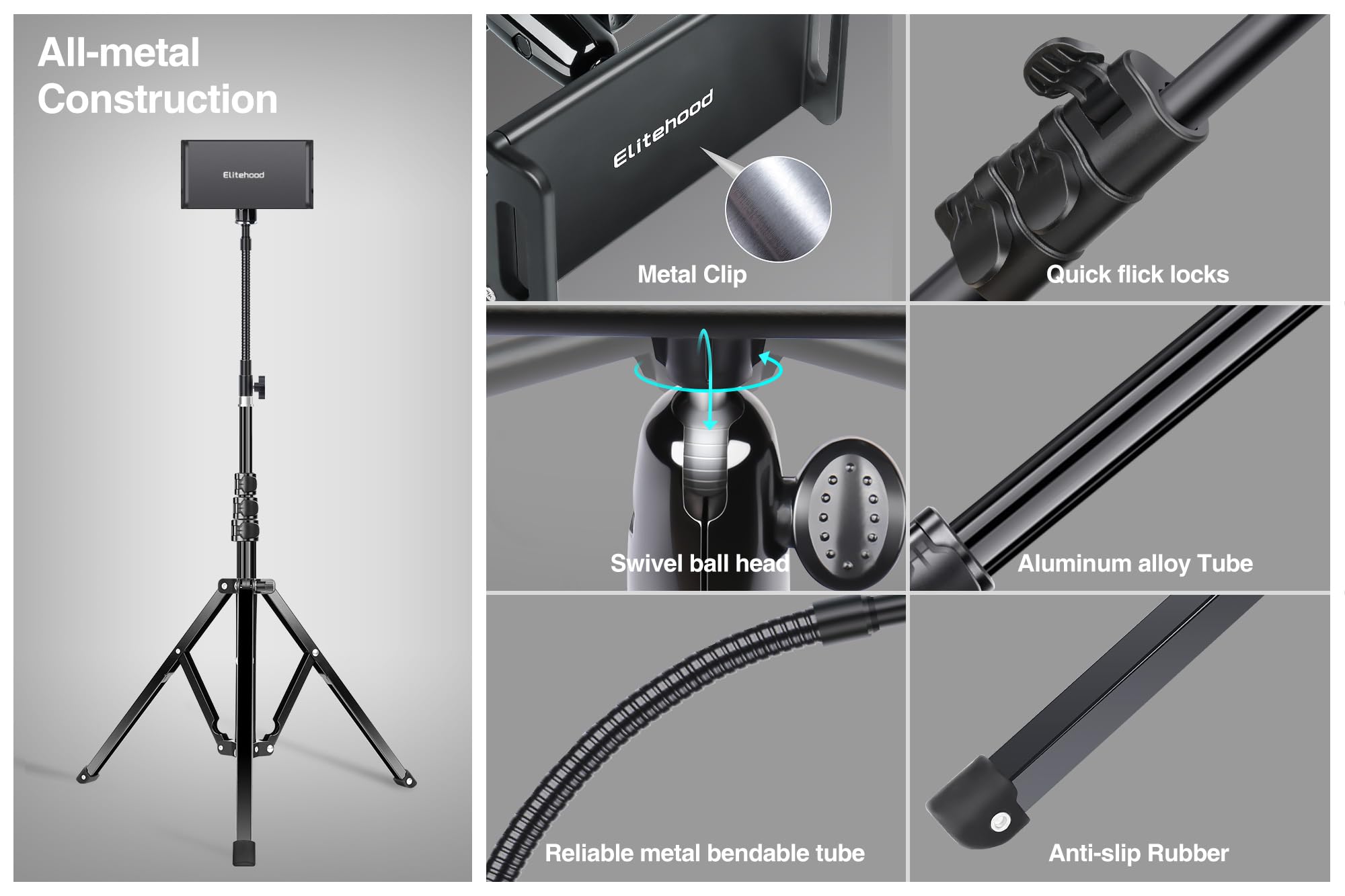 elitehood Metal iPad Tripod Stand & Adjustable 72ββ Gooseneck Tablet Floor Stand Holder, Heavy Duty Aluminum iPad Floor Stand for iPad Pro 12.9 11, Mini, Air, iPhone and 4.7-12.9" Tablets Cell Phones